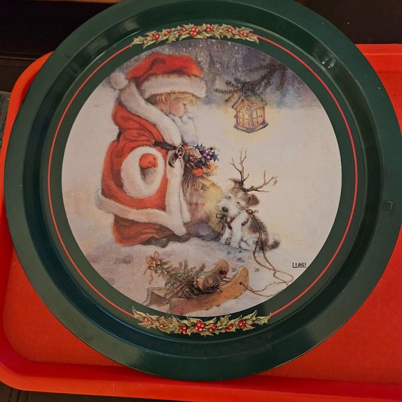 Lisi | Holiday | Vintage Tray Adorable Child In Santa Suit With Dog ...